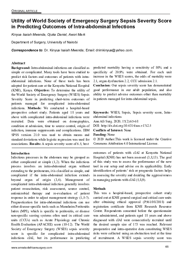 (PDF) Utility of World Society of Emergency Surgery Sepsis Severity ...