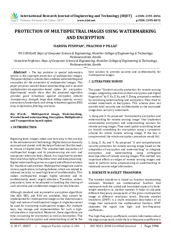 Pdf Protection Of Multispectral Images Using Watermarking And Encryption Harsha Pushpan