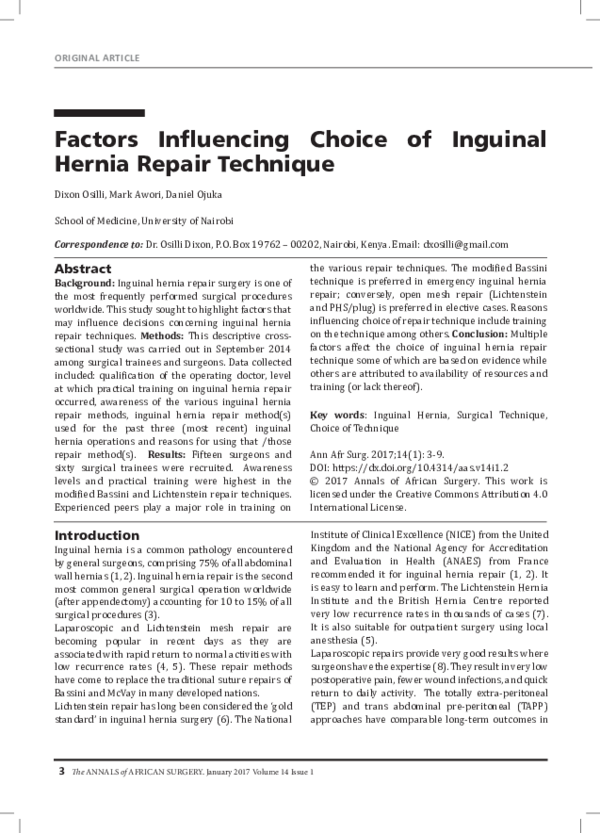 (PDF) Factors Influencing Choice of Inguinal Hernia Repair Technique
