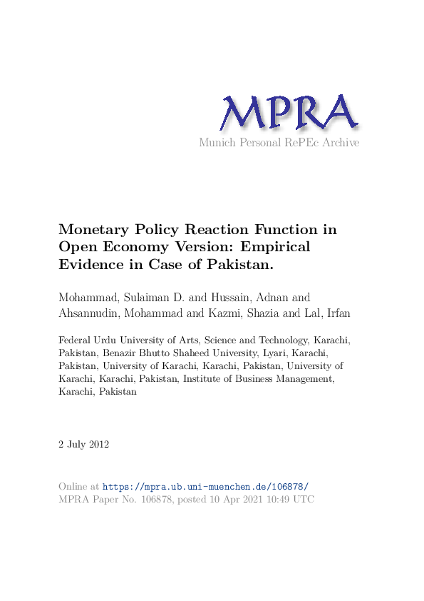 (PDF) Monetary Policy Reaction Function in Open Economy Version ...