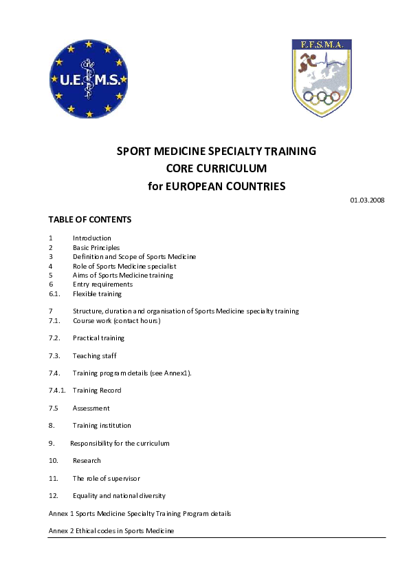 (PDF) Sport medicine specialty training core curriculum for European ...