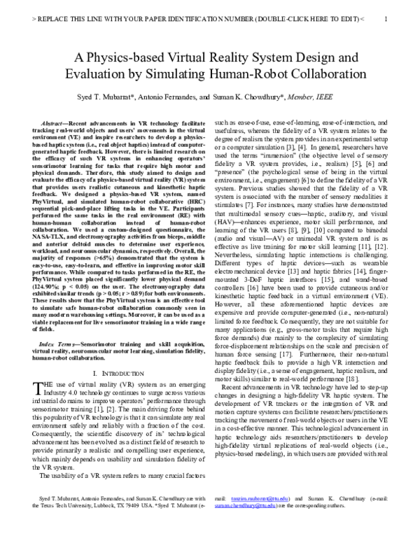 (PDF) A Physics-based Virtual Reality System Design and Evaluation by Simulating Human-Robot ...