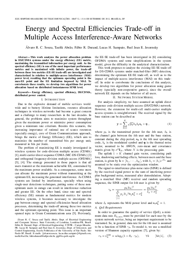 (PDF) Energy and Spectral Efficiencies Trade-off in Multiple Access Interference-Aware Networks