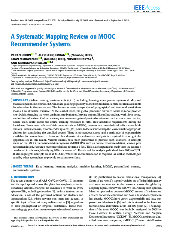 (PDF) A Systematic Mapping Review on MOOC Recommender Systems