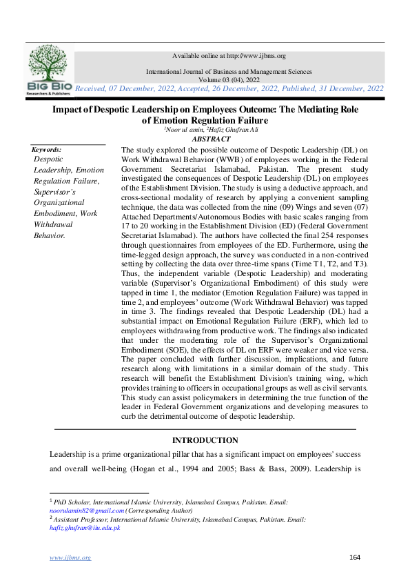 (PDF) Impact of Despotic Leadership on Employees Outcome: The Mediating ...
