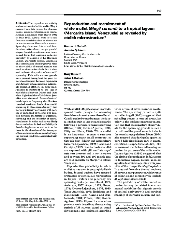 (PDF) Reproduction and recruitment of white mullet (Mugil curema) to a ...