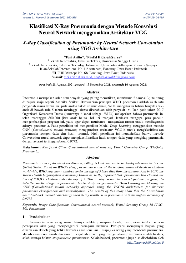 (PDF) X-Ray Classification of Pneumonia by Neural Networks Convolution using Vgg Architecture