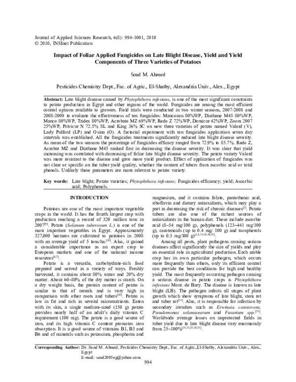 (PDF) Impact of Foliar Applied Fungicides on Late Blight Disease, Yield and Yield Components of ...