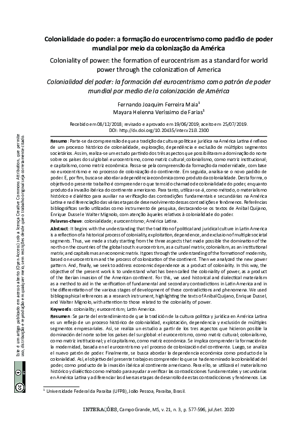 (PDF) Colonialidade do poder: a formação do eurocentrismo como padrão ...