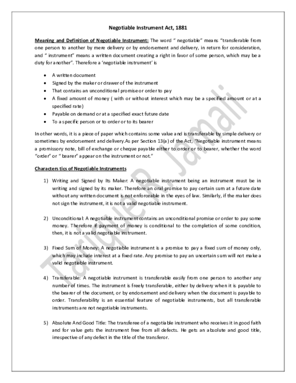 (PDF) Negotiable Instrument Act 1881 | Cheque | Bill of Exchange | LL.B ...