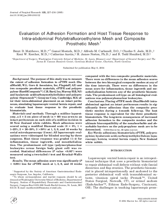 (PDF) Evaluation of adhesion formation and host tissue response to intra-abdominal ...