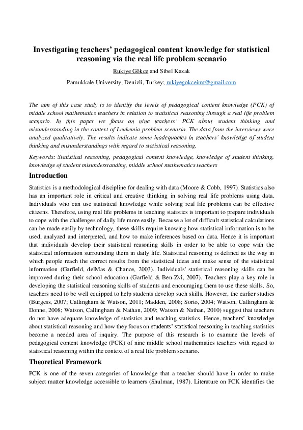 (PDF) Investigating teachers’ pedagogical content knowledge for statistical reasoning via the ...