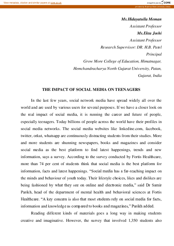 (PDF) The impact of social media on teenagers