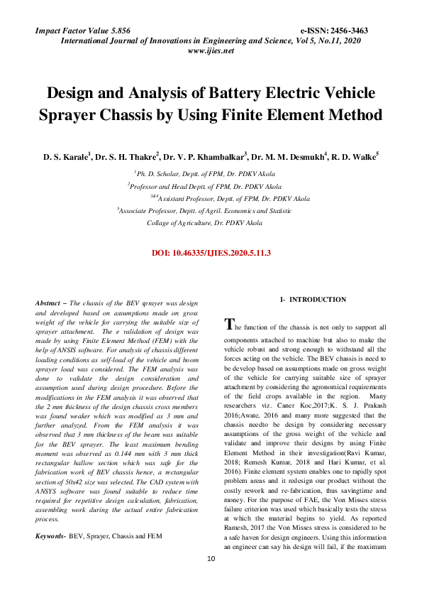 (PDF) Design and Analysis of Battery Electric Vehicle Sprayer Chassis by Using Finite Element Method
