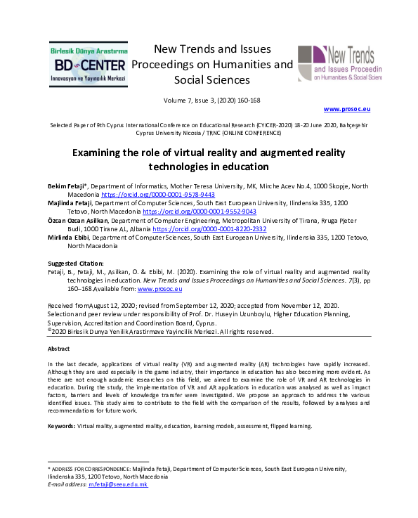 (PDF) Examining the role of virtual reality and augmented reality technologies in education