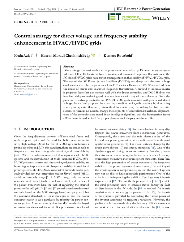 (PDF) Control strategy for direct voltage and frequency stability enhancement in HVAC/HVDC grids