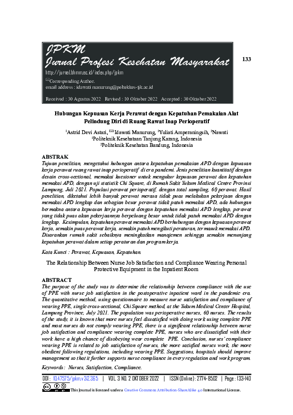 (PDF) Hubungan Kepuasan Kerja Perawat dengan Kepatuhan Pemakaian Alat Pelindung Diri di Ruang ...