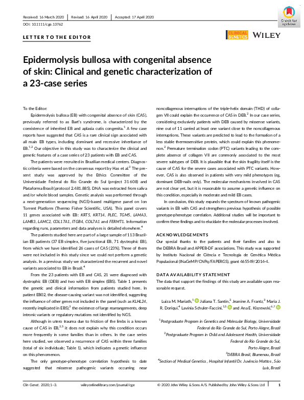(PDF) Epidermolysis bullosa with congenital absence of skin: Clinical ...