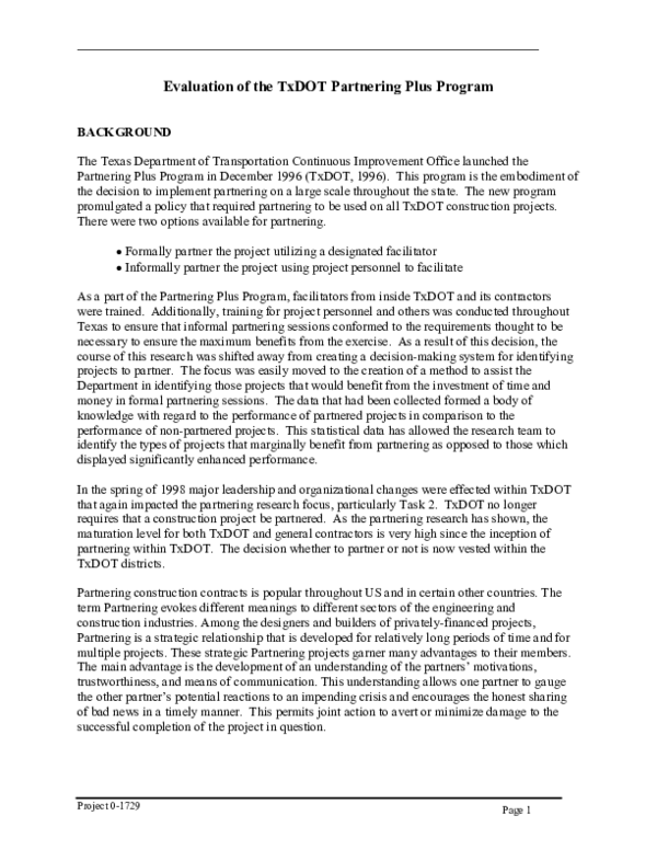 (PDF) Evaluation of the Txdot Partnering Plus Program