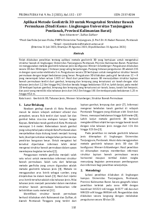 Pdf Aplikasi Metode Geolistrik 3d Untuk Mengetahui Struktur Bawah