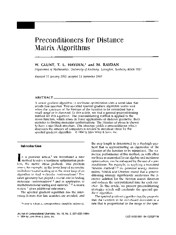 Preconditioners for distance matrix algorithms