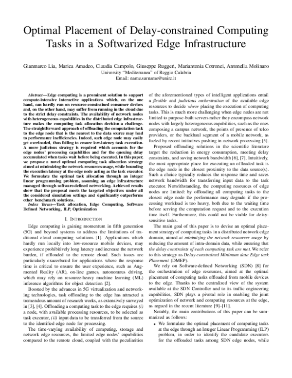 Pdf Optimal Placement Of Delay Constrained Computing Tasks In A Softwarized Edge Infrastructure