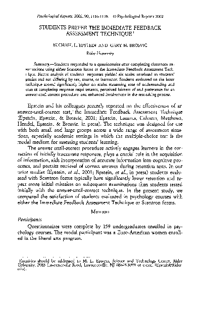 (PDF) Students Prefer the Immediate Feedback Assessment Technique