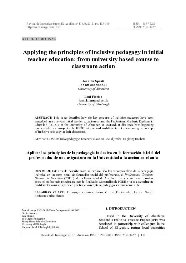 (PDF) Applying the principles of inclusive pedagogy in initial teacher education: from ...