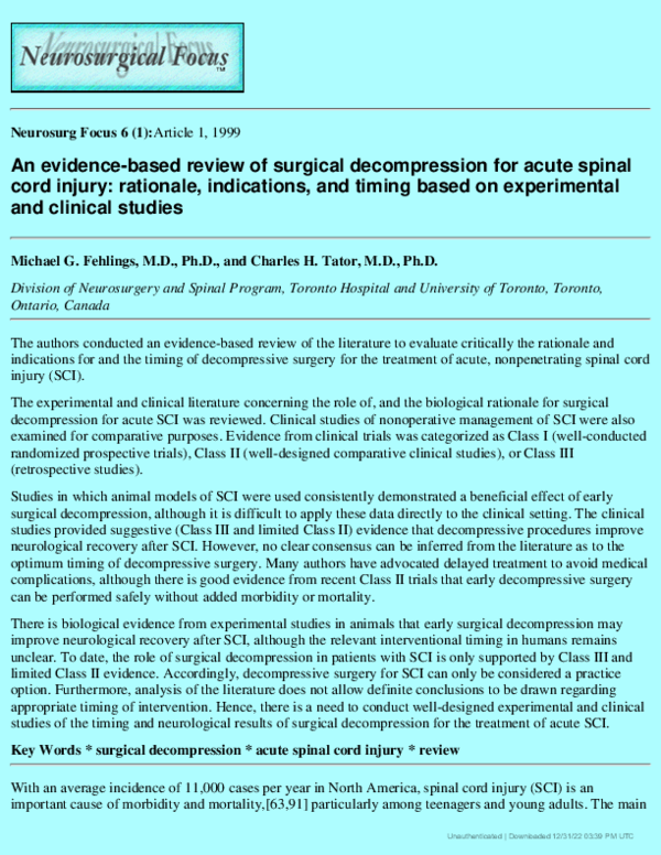 (PDF) An evidence-based review of surgical decompression for acute spinal cord injury: rationale ...