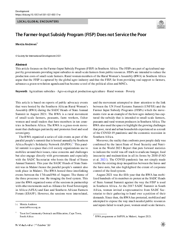 (PDF) The Farmer-Input Subsidy Program (FISP) Does not Service the Poor