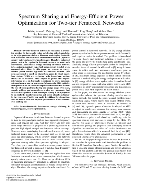 Pdf Spectrum Sharing And Energy Efficient Power Optimization For Two Tier Femtocell Networks