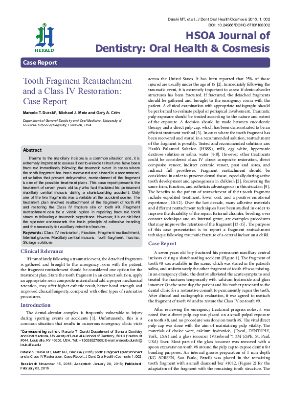 (PDF) Tooth Fragment Reattachment and a Class IV Restoration: Case Report