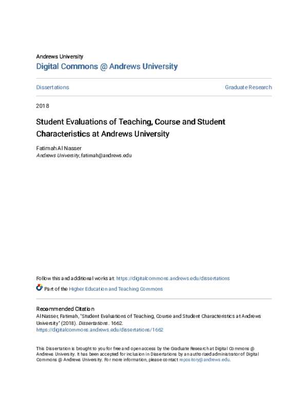 (PDF) Student Evaluations of Teaching, Course and Student Characteristics at Andrews University ...
