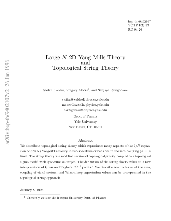 Pdf Large N 2d Yang Mills Theory And Topological String Theory