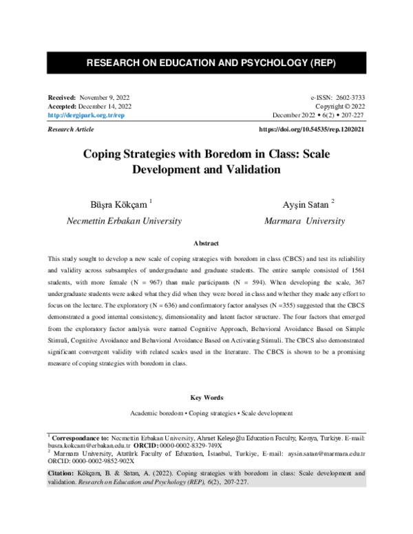 (PDF) Coping Strategies with Boredom in Class: Scale Development and Validation