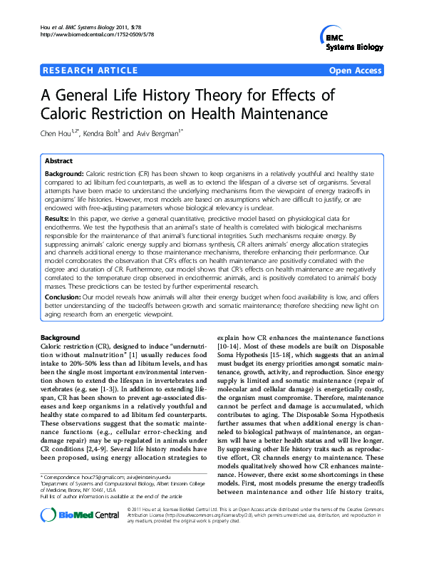 (PDF) A General Life History Theory for Effects of Caloric Restriction ...