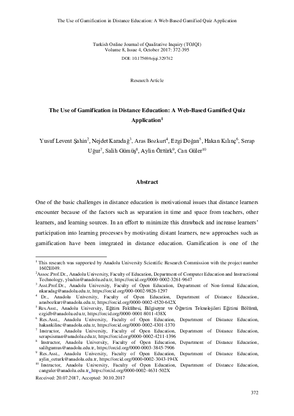 Pdf The Use Of Gamification In Distance Education A Web Based Gamified Quiz Application Can