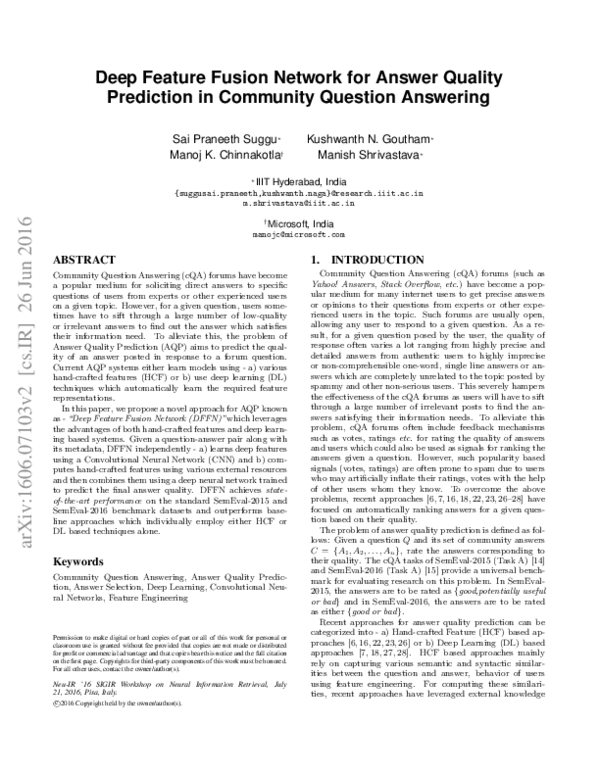 (PDF) Deep Feature Fusion Network for Answer Quality Prediction in Community Question Answering