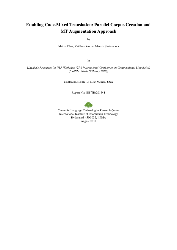 Pdf Enabling Code Mixed Translation Parallel Corpus Creation And Mt Augmentation Approach