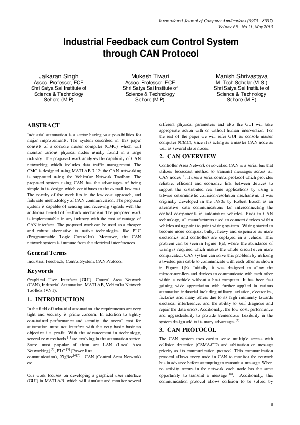 (PDF) Industrial Feedback cum Control System through CAN Protocol