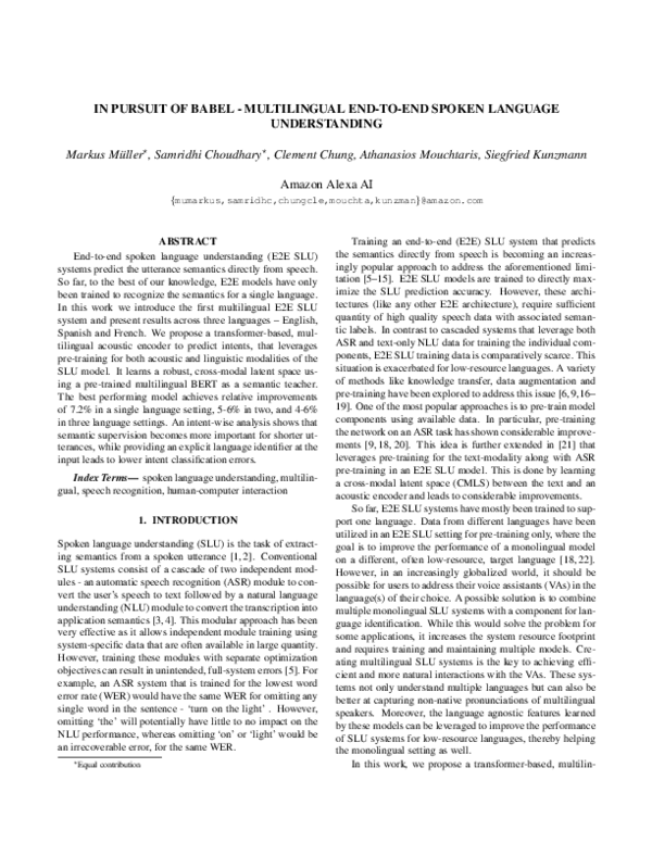 (PDF) In Pursuit of Babel - Multilingual End-to-End Spoken Language Understanding