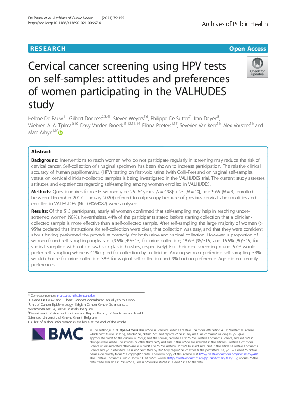 (PDF) Cervical cancer screening using HPV tests on self-samples ...