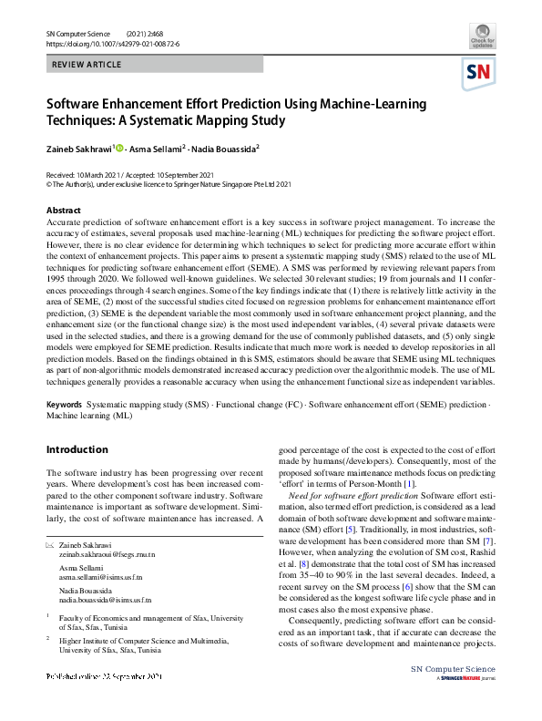 Pdf Software Enhancement Effort Prediction Using Machine Learning Techniques A Systematic
