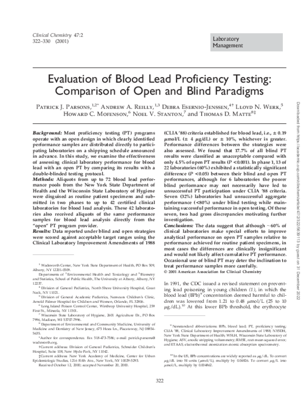 (PDF) Evaluation of Blood Lead Proficiency Testing: Comparison of Open ...