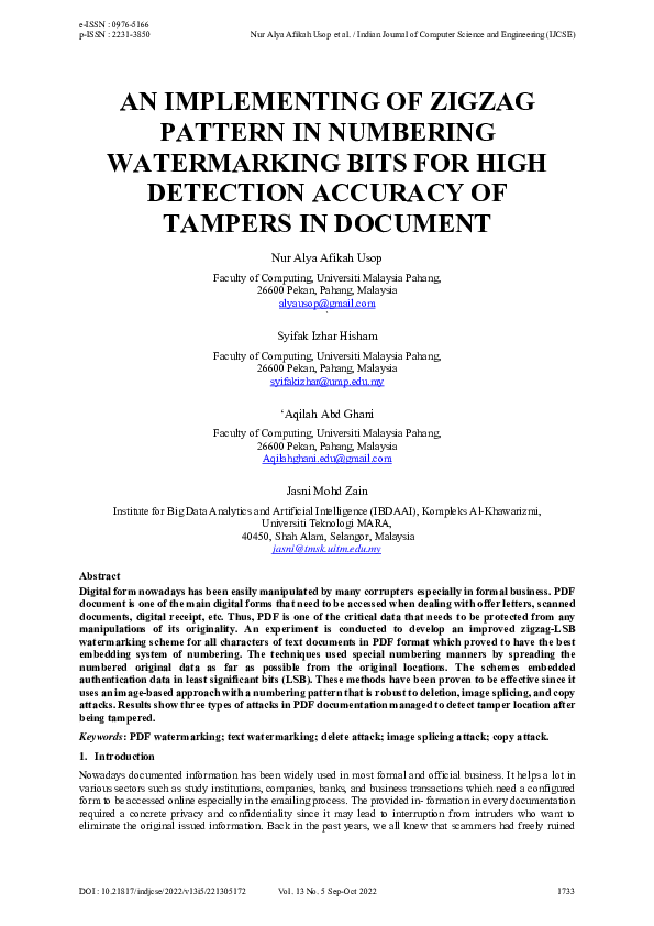 (PDF) An Implementing of Zigzag Pattern in Numbering Watermarking Bits for High Detection ...