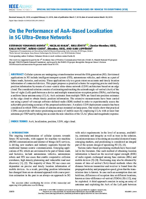 (PDF) On the Performance of AoA–Based Localization in 5G Ultra–Dense Networks
