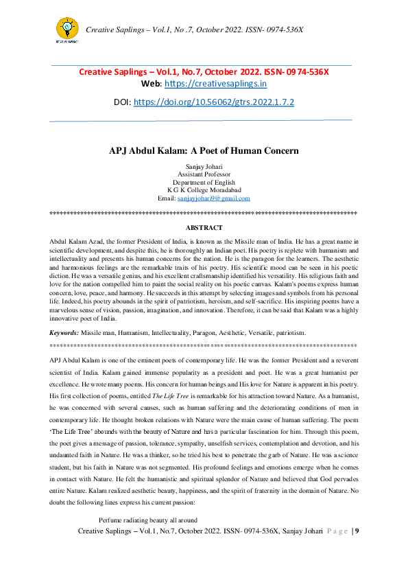 (PDF) APJ Abdul Kalam: A Poet of Human Concern