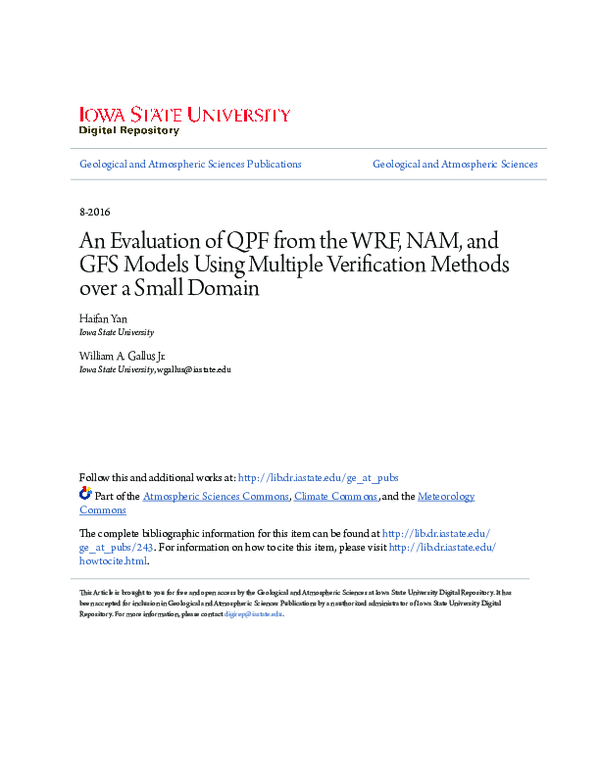 (PDF) An Evaluation of QPF from the WRF, NAM, and GFS Models Using Multiple Verification Methods ...