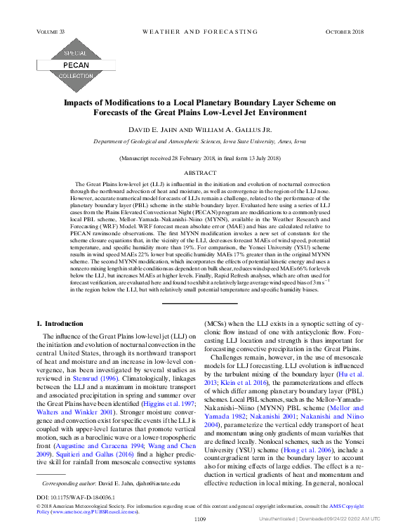 Pdf Impacts Of Modifications To A Local Planetary Boundary Layer Scheme On Forecasts Of The