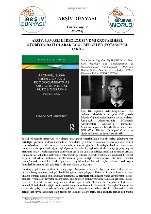 (PDF) Tanıtım: "Arşiv, Yavaşlık İdeolojisi ve Mikrotarihsel Otobiyografi Olarak Ego-Belgeler ...